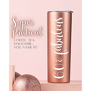 Onebttl 60th Birthday Gifts for Women, 60 & Fabulous, 60th Birthday Gift Idea for Women, 60th Bday Gifts, Stainless Steel Tumbler 20Oz - Rose Gold