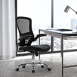 SAIBFARST Ergonomic Office Chair, PU Leather Home Desk Chair, Adjustable Height Swivel Mesh Chair Midback Computer Chair with Lumbar Support and Flip-up Armrests Executive Office Chairs