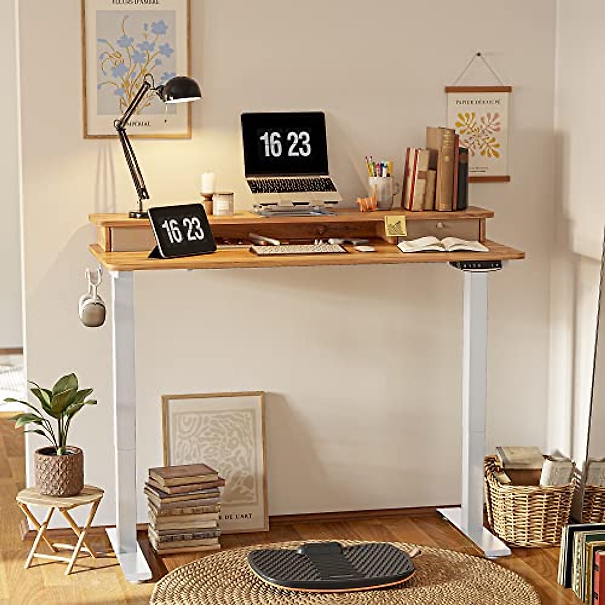 FEZIBO Height Adjustable Electric Standing Desk with Double Drawer, 55 x 24 Inch Stand Up Table with Storage Shelf, Sit Stand Desk with Splice Board, White Frame/Light Rustic Brown Top