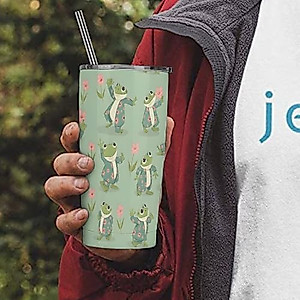 KIOWEIR Cute Frog And Flower Stainless Steel Tumbler 20oz With Lid And Straw, Insulated Tumblers Coffee Cup, Travel Mug for Ice Drink & Hot Beverage for Women Men Boys Girls