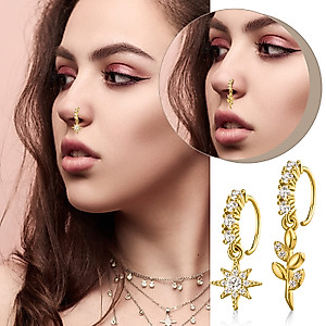 Trnayi 24 Pieces 20g Dangle Nose Rings Dangling Nose Piercings Stud Jewelry for Women Men Indian l Shaped Nose Ring Hoop (Gold)