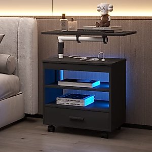 dnbss LED Nightstand with Charging Station & Sockets, Smart Bedside Table, Modern Night Stand for Bedroom, Large Side End Table, 360° Laptop Tray Workstation, Drawer, Open Shelf, Wheel (Black)