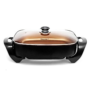 Caynel Professional Non-stick Copper Electric Skillet Jumbo, Deep Dish with Tempered Glass Vented Lid, Upgrade Thermostat, 16”x 12”x 3.15”- 8 quart (Black-1)