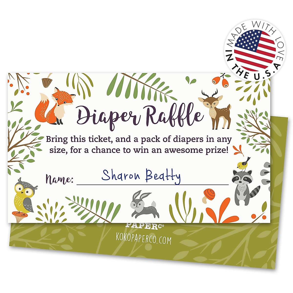 Woodland Diaper Raffle Tickets with Owl and Forest Animals. Pack of 50 Fill In The Blank Unisex Design Suitable for Boy or Girl.