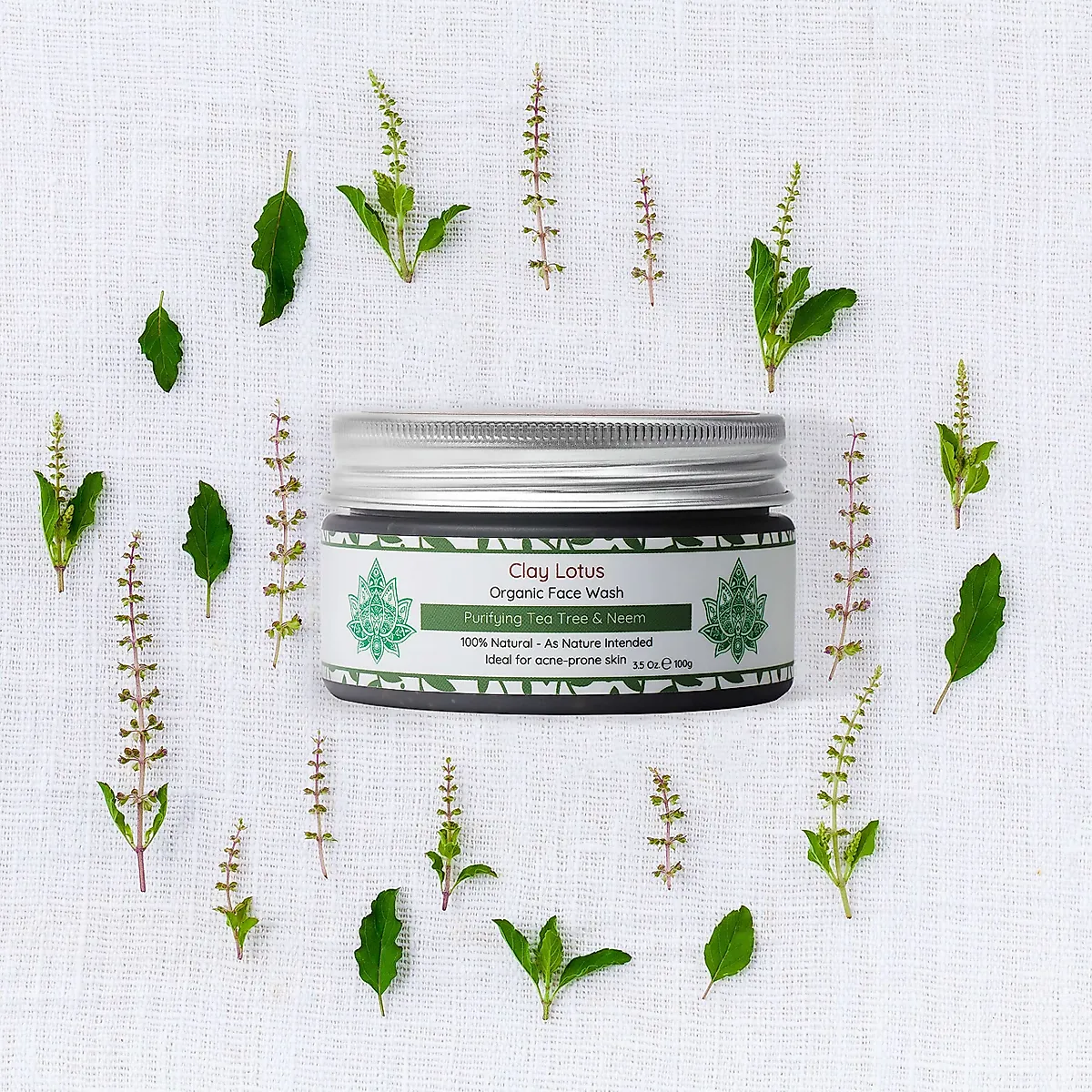 Clay Lotus Organic Face Wash - Acne-Prone, Oily Skin Cleanser with Tea Tree Oil & Neem. All-Natural Ingredients for Blemishes, Redness & Blackheads, Vegan Formula For Teens, Women and Men