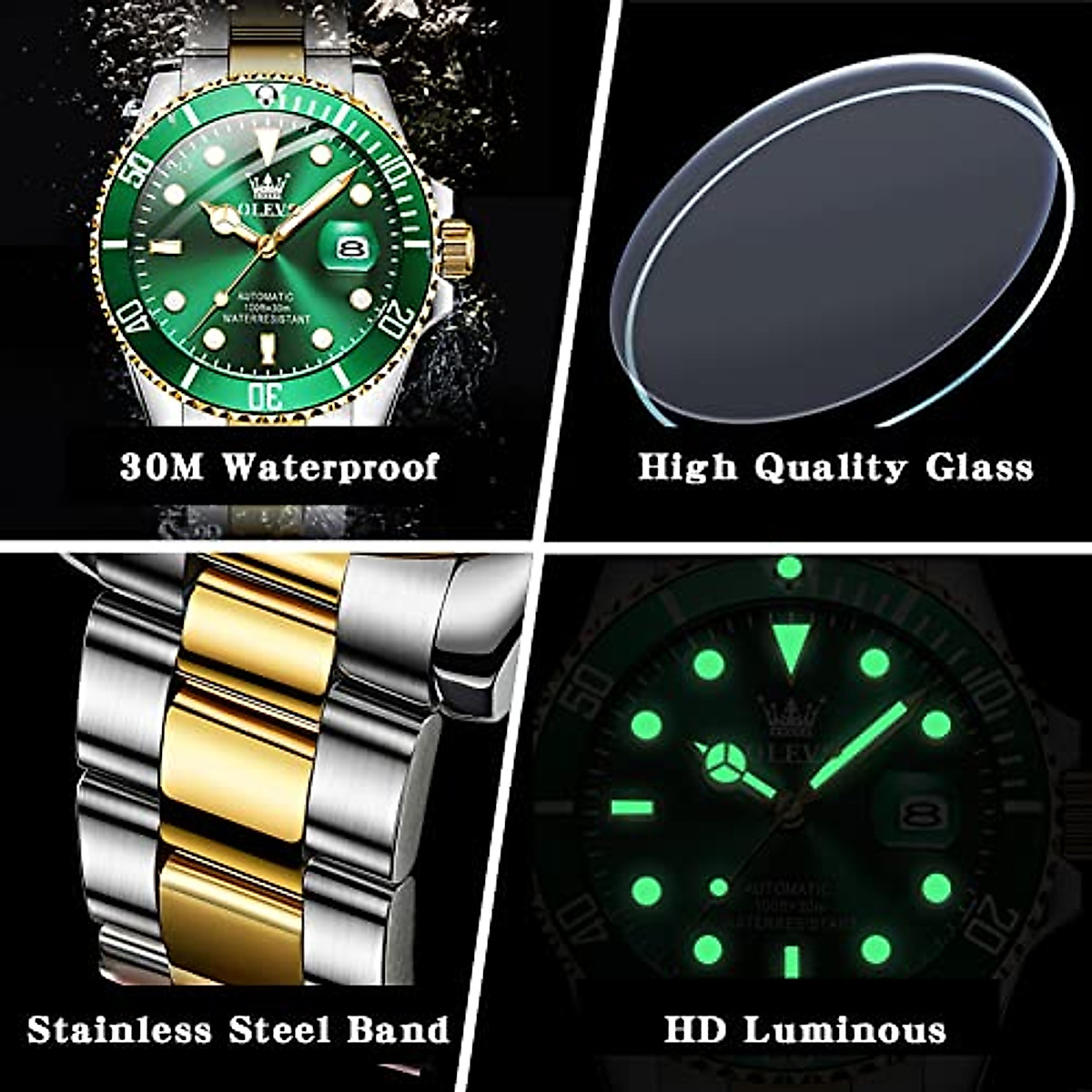 OLEVS Self Winding Watches for Men Green Big Dial Pro Diver Automatic Watch Stainless Steel Waterproof Men Wrist Watch with Silver Gold Tone Watch Men