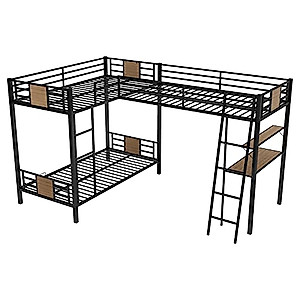 BOVZA Metal Triple Bunk Bed, L Shaped Twin Over Twin Bunk Bed and Twin Size Loft Bed with Desk and Shelf, 3 Bunk Beds for Kids Teens Adults, Brown