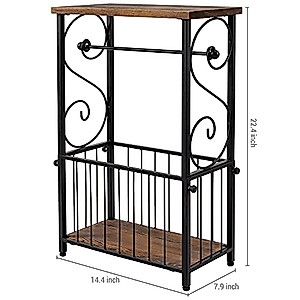 MyGift Freestanding Rustic Burnt Wood Toilet Paper Stand with Display Shelf and Matte Black Metal Scrollwork Magazine Basket, Holds up to 2 Toilet Paper Rolls