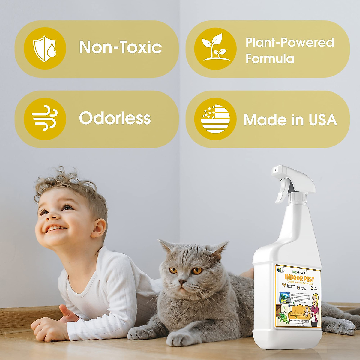 BugPursuit - 24oz Indoor Pest Control for Ant, Fly, Flea,Tick, Roach, Spider, Moth, Carpet Beetle and More, Plant Based Insect Killer for Home & Kitchen Use, Natural Solution, Pets & Family Safe