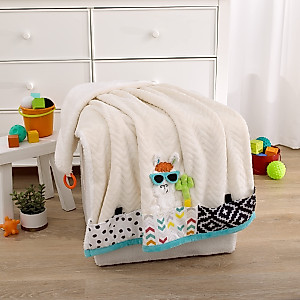 NoJo Sassy Baby Larry Llama White and Multi-Colored Super Soft Sherpa Baby Blanket with Teether Corners