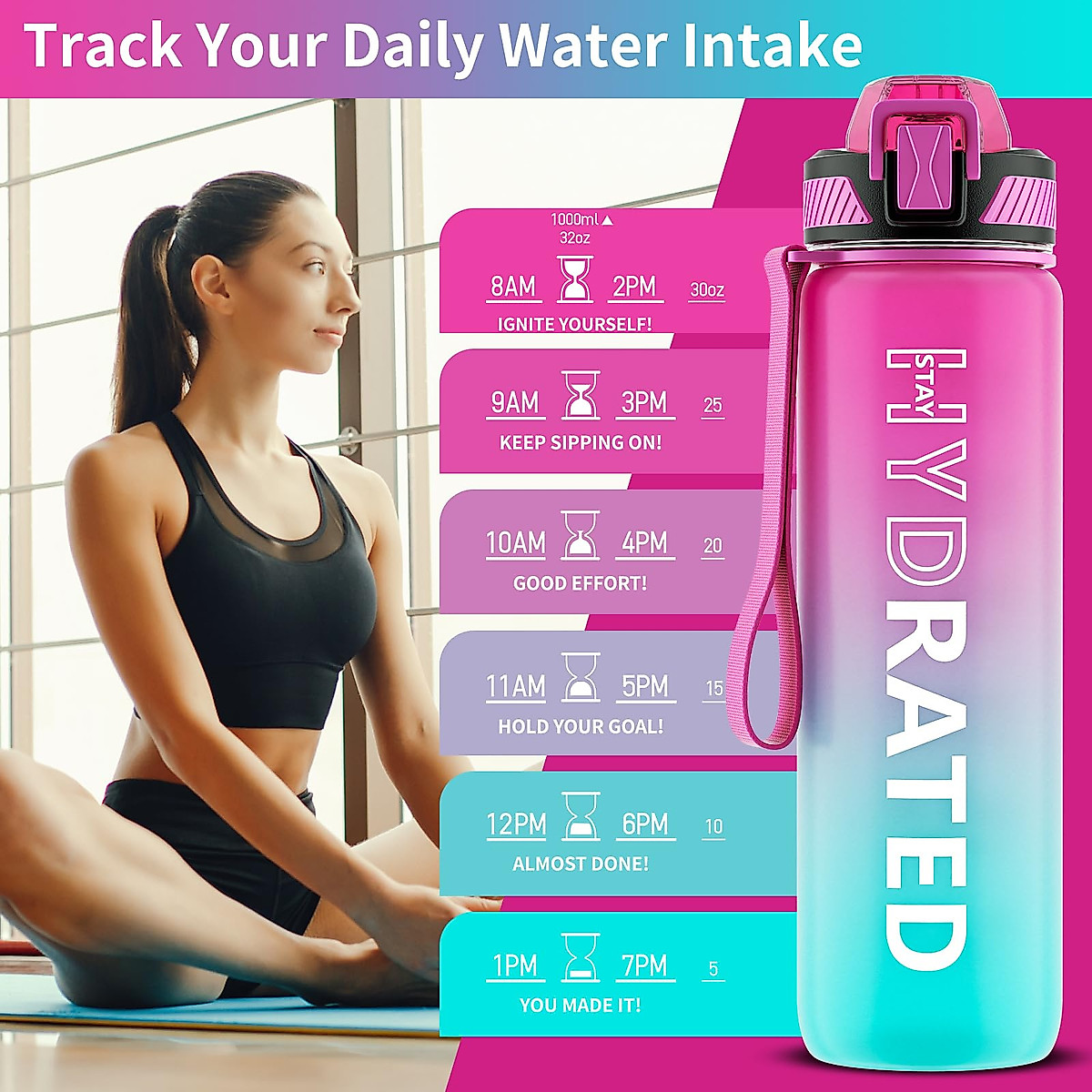 QLUR Water Bottle with Straw, 32 oz Motivational Water Bottles with Time Marker to Drink, Tritan BPA Free, 1L Sports Water Bottle with Carry Strap LeakProof for Women Gym Fitness Outdoor (1 Pack)