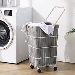 TOOLF Rolling Laundry Hamper, Large Laundry Basket with Handle, Metal Frame Clothes Hamper for Bedrooms, Tall Laundry Bin with Cloth Covers, Grey