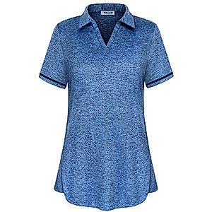 Workout Tops for Women Golf Tennis Polo Shirts Short Sleeve V Neck Loose Fit Plain Yoga T-Shirts Blue