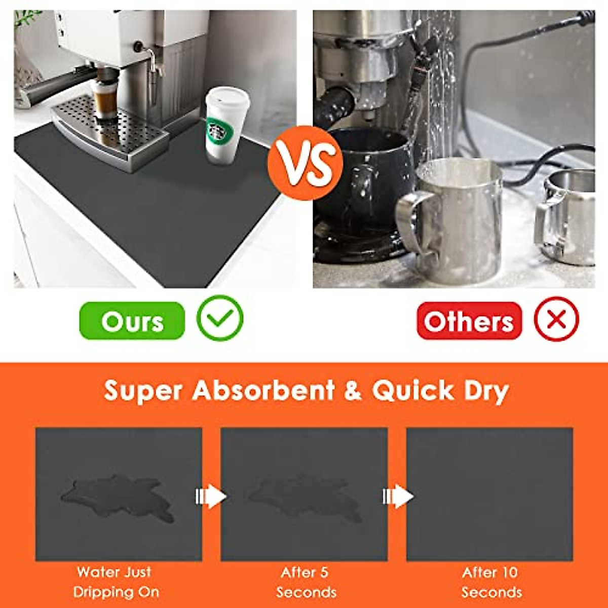 Coffee Mat,Coffee Maker Mat for Countertops,Dish Drying Mat for Kitchen,Coffee Bar Accessories Fit Under Coffee Machine Coffee Pot - Table Mat Under Appliance, Absorbent Draining Mat Dark Grey