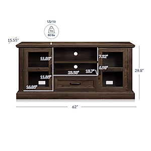 BELLEZE Rustic 62 Inch Modern TV Stand Fits TVs Up to 70 Inch, Storage Entertainment Center Console with Window Pane Glass Cabinet Doors and Adjustable Shelves - Trussati (Dark Walnut)
