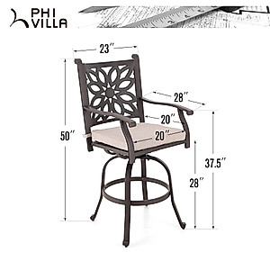 PHI VILLA Outdoor Swivel Bar Stools, Cast Aluminum Patio Pub Height Swivel Arms Chairs with Seat Cushion, Set of 4 Easy Assemble