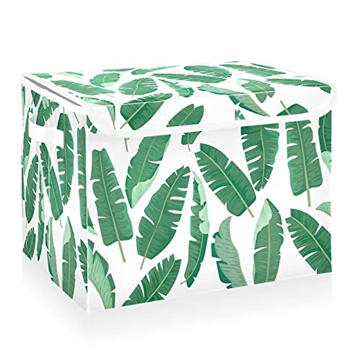 CaTaKu Green Banana Leaves Storage Bins with Lids and Handles, Fabric Large Storage Container Cube Basket with Lid Decorative Storage Boxes for Organizing Clothes