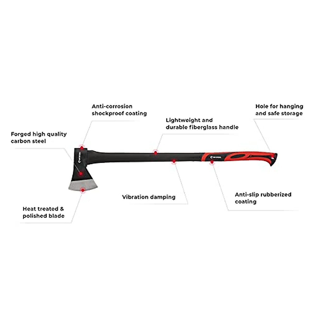 INTERTOOL 36” Wood Chopping Axe, 2.8 Lbs, Long Tree Felling Ax, Firewood Cutting, Shock Absorbing Fiberglass Anti-Slip Handle with Blade Cover HT-0264