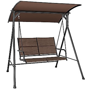 Tangkula 2 Person Porch Swing, Patio Swing with Adjustable Canopy, Padded Seat, Curved handrails & Heavy-Duty Metal Frame, Outdoor Swing for Yard, Garden, Poolside (Brown)