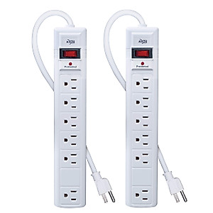 KMC 6-Outlet Surge Protector Power Strip, 2-Pack, 1200 Joules, 6ft Cord, Adapter Spaced Outlet, Overload Protection, White