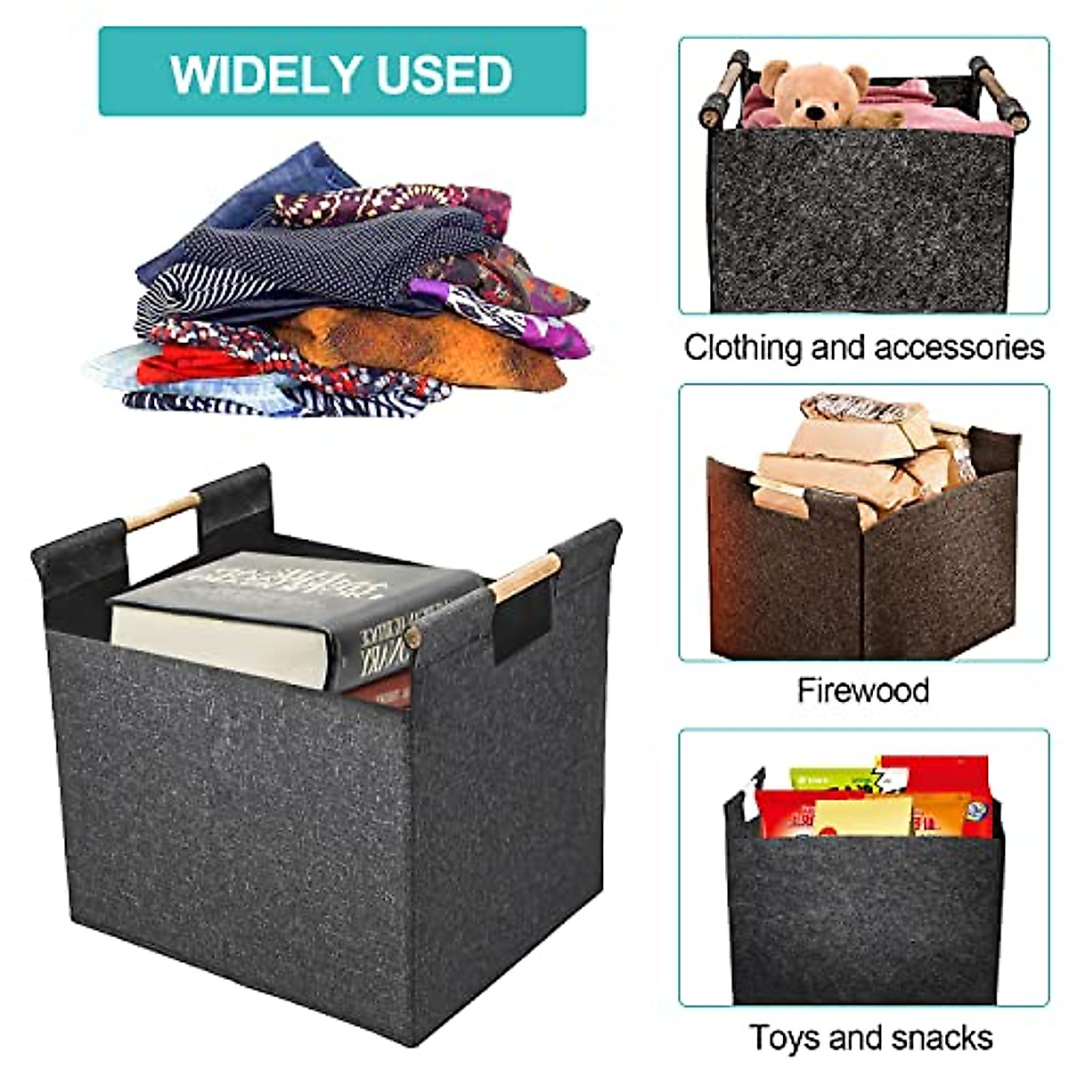 2 Pack Collapsible Felt Storage Bins,20"x16"x15" Black Storage Basket, Linen Fabric with Wooden Carry Handles for Clothes, Shoe, Book, Magazine, Wood（Large Size）