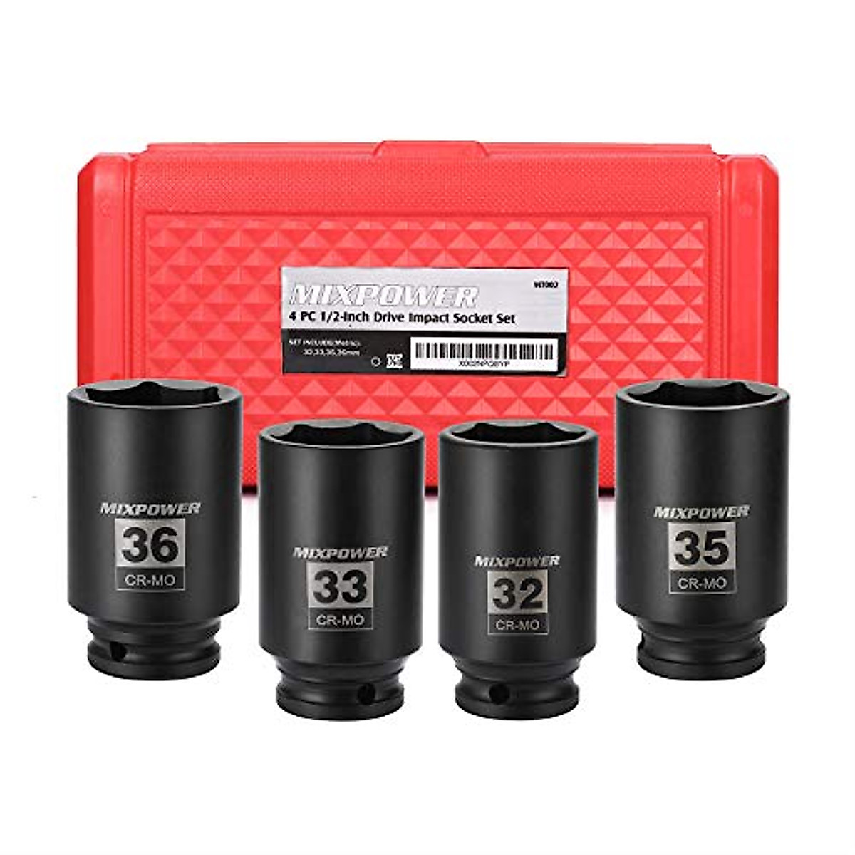MIXPOWER 4-Piece 1/2'' Drive Deep Impact Socket Set, 6 Point, CR-MO,Metric,32,33,35,36mm, Spindle Axle Nut Impact Socket Set