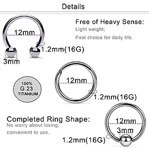 Dyknasz G23 Titanium 16G Septum Ring Nose Rings Hoop Helix Daith Cartilage Tragus Earrings Lip Body Piercing Jewelry for Women Men 12mm