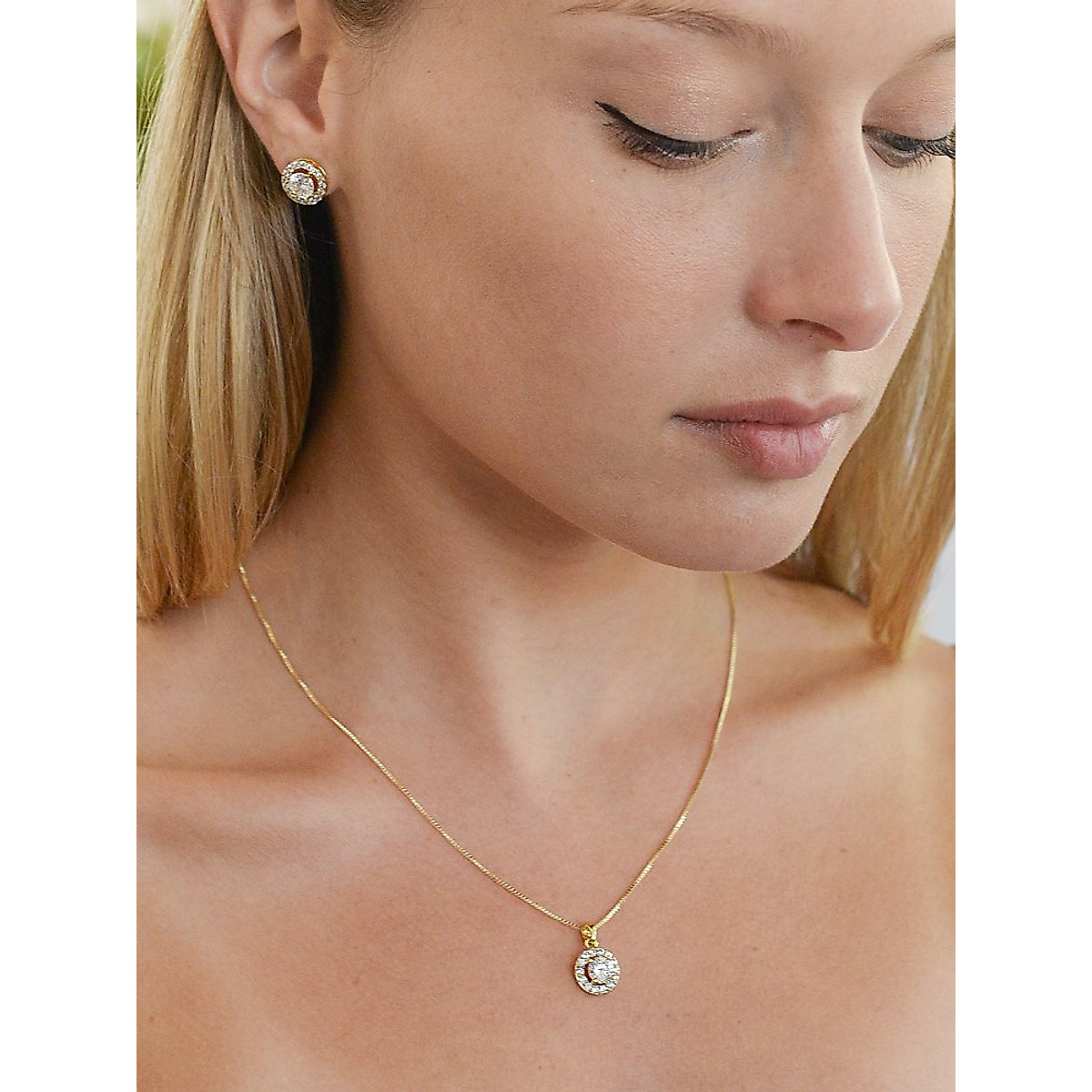 Mariell Bridal Wedding Necklace Set, Cubic Zirconia Pendant Necklace and Stud Earrings, Gold Jewelry Set