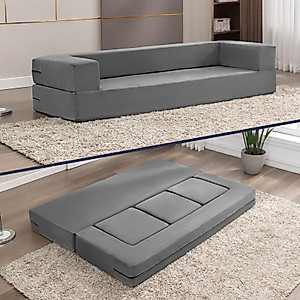 MUZZ Folding Sofa Bed with 3 Ottomans, 80''W Velvet Upholstered Sofa Couch, Multifunctional Sleeper Floor Bed for Bedroom/Living Room/Apartment (Light Grey)