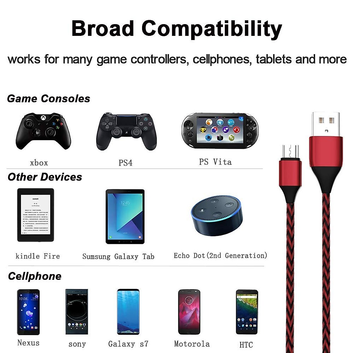 TPLTECH Charger Cord for Xbox One Controller Nylon-Braided Controller USB Cable Durable Android Micro USB 2.0 Cable Compatible with Xbox One Controller Charger Cord 2Pack 10FT