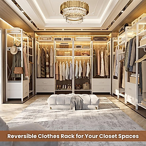 Clothes Rack for Hanging Clothes - Reversible Clothing Rack with 2 Drawers, Heavy Duty Garment Rack with Shelves, 6 Tiers Freestanding Portable Closet Wardrobe System with Hanging Hooks, White