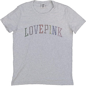 Victoria's Secret Pink Short Sleeve Tee Light Gray Rainbow Rhinestones New (as1, Alpha, x_l, Regular, Regular)