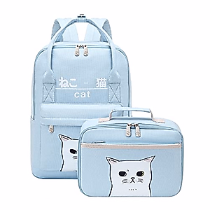 e-youth Women Girls Kawaii Cat School Backpack with Lunch Box Japanese And Korean Style Canvas Bags (Blue), One Size