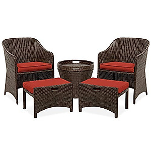 Best Choice Products 5-Piece Outdoor Patio Furniture Set, No Assembly Required Wicker Conversation Bistro & Storage Table for Backyard, Porch, Balcony w/Space-Saving Design - Brown/Red