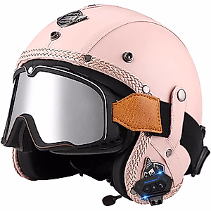 3/4 Bluetooth Motorcycle Helmet, Leather Vintage Motorbike Half Helmet, Men Women Open Face Helmet with Goggles Jet Scooter Crash Helmet for Four Seasons, Men Women DOT/ECE Certified-K-XX-Large