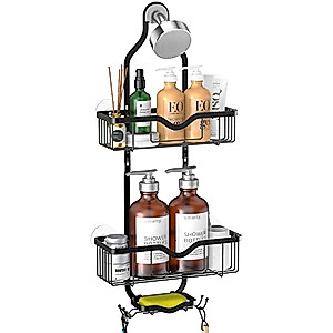 Kerisgo Hanging Shower Caddy, Over Head Shower Caddy Shower Organizer Rack with Soap Dish, Shower Storage Basket for Shampoo, Conditioner, Razors, Soap, Shower Sponge (Black)