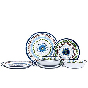 Melamine Dinnerware Set-12 Piece Melamine Plates and Bowls Sets,Service for 4,Outdoor and Indoor Use,Unbreakable, Dishwasher Safe,Rustic Blue