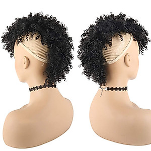 KRSI Afro High Puff Hair Bun Ponytail Drawstring With Bangs Synthetic Jerry Curly Mohawk Kinkys Curly Fauxhawks Pony Tail Clip in on Ponytails for Women Hair Extensions with six Clips(Black)