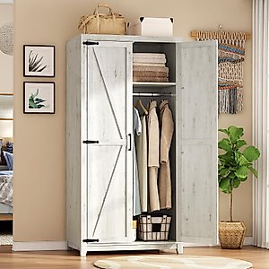 LUXOAK 70" Large Armoire Wardrobe Closet with Hanging Rod, Farmhouse Clothing Storage Cabinet with 2 Barn Doors, Wooden Tall Bedroom Armoires with Shelf, Distressed White