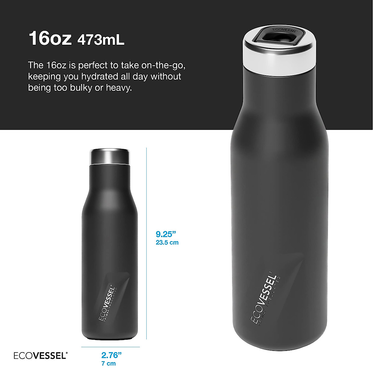 EcoVessel ASPEN Stainless Steel Water Bottle with Insulated Lid, Metal Water Bottle with Rubber Non-Slip Base. Wine Tumbler Reusable Water Bottle - 16oz (Black Shadow)