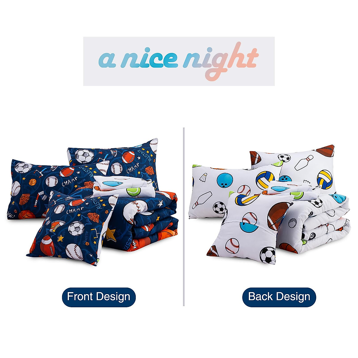 A Nice Night 6Pcs Bed in A Bag Full Sports Microfiber Modern Comforter Set,Navy Rugby Ball Printed Bedding Collections,for Boys Kids Teen