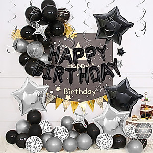 56 PCS Happy Birthday Balloons Happy Birthday Banner Silver and Black Balloons for Boys Men Girls Women 16th 18th 20th 21st 25th 30th 40th 50th 60th Birthday Party Decorations (Black)