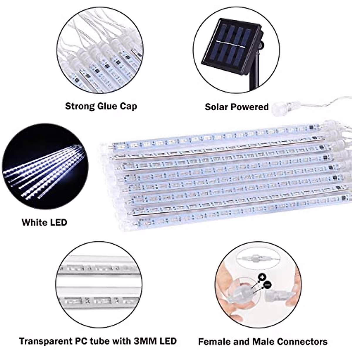 JMEXSUSS 2 Pack Solar Meteor Shower Lights, 16 Tube 288 LED White Solar String Lights Outdoor, Waterproof Solar Christmas Lights for Tree Patio Garden Wedding Party Decorations
