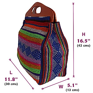 MEXICANDOO Set of Authentic Mexican Handcrafted Woven Handbag with Wooden Handles and Matching Clutch Bag for Women or Girls. Casual Purse, Bohemian, Boho, Sarape, Baja, Aztec, Summer, Beach (Blue)