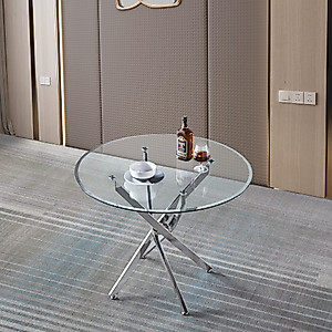 36" Round Dining Table for 4, Glass Kitchen & Dining Room Tables, Modern Circle Dining Room Table w/0.39" Tempered Glass Tabletop,Silver Finish Stainless Steel Legs for Dinner Small Space(No Chairs)