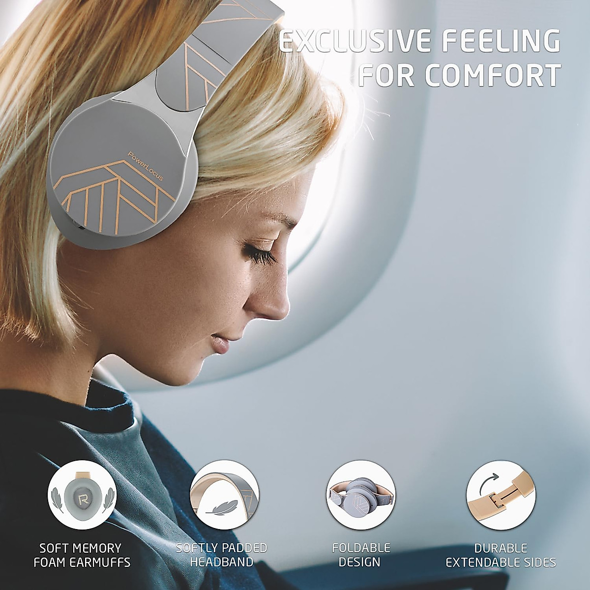 PowerLocus Bluetooth Headphones Over Ear, 40H Playtime with 4 EQ Modes, Wireless Headphones with Microphone, Hi-Fi Stereo Foldable Headset, FM Radio, Micro SD/TF, Deep Bass for Travel/PC/Cell Phones