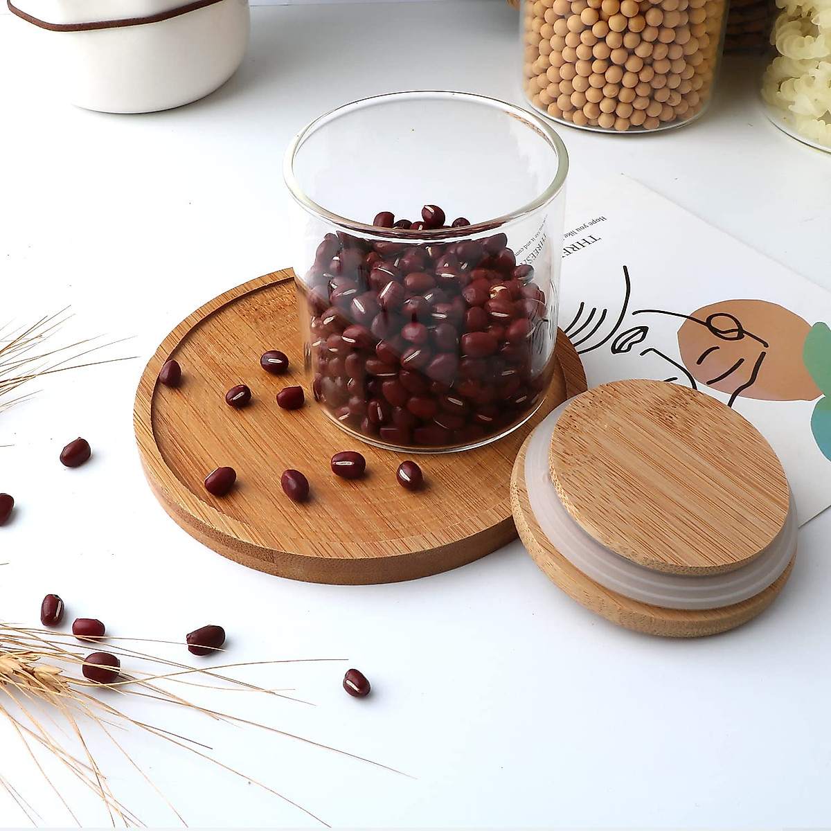 7 oz/230ml Glass Jars With Bamboo Lids, Pantry Organization and Storage Jars-Set of 16,Spice Jars Set for Coffee,Flour,Sugar ,Tea