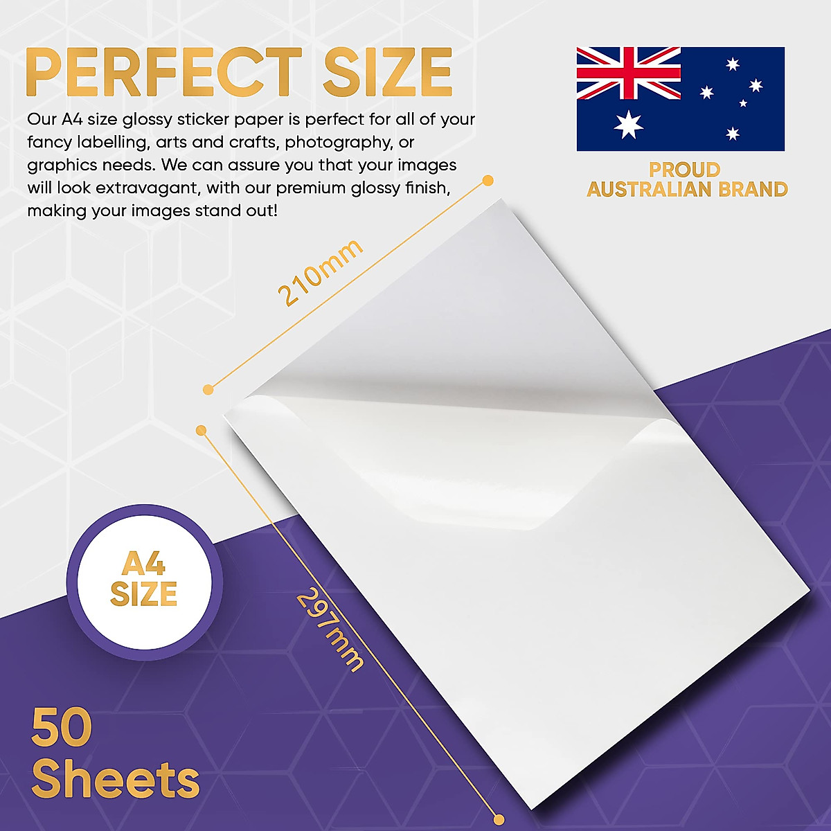 Avarrix Australia A4 Sticker Paper, Paper-Based Glossy White, 50 Sheets, Self Adhesive Premium Glossy Sticker Paper for Laser Printer Only, 80gsm Thickness Printable Label Sheets