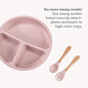 Childlike Behavior Baby Led Weaning Set 6 - Silicone Baby Feeding Set - Pastel Pink Self Feeding Baby Wooden Fork and Spoon, Plates, Bibs - Easy to Grip - Eating Learning Essentials