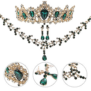 Generic Wedding Bridal Flower Jewelry Set Baroque Tiara Crystal Crown with Comb Retro Rhinestone Necklace Earrings Bridesmaids Queen Costume for Prom Party ( Green )